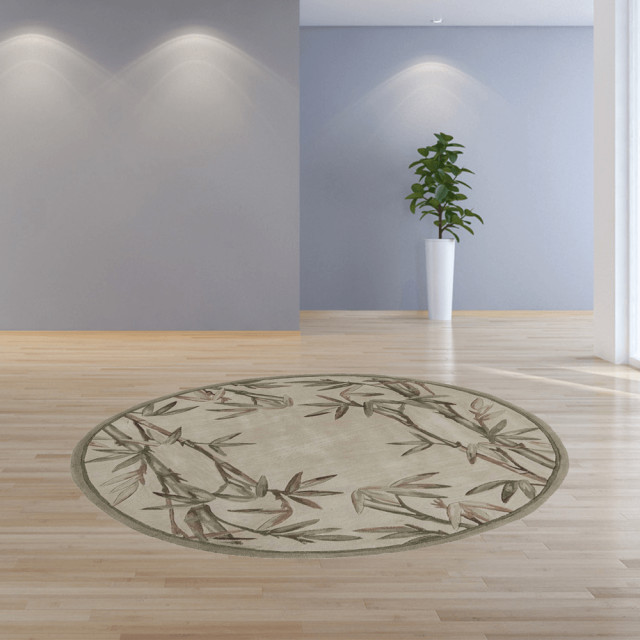 6' Ivory Hand Tufted Tropical Bamboo Round Indoor Area Rug - Asian ...
