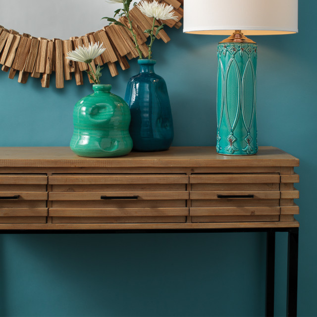 Rustic Modern Wood Slat Console Table Loft Black 3 Drawer Farmhouse ...