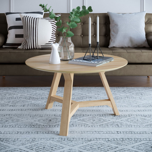 Round Natural Oak Coffee Table with Angled Legs, Contemporary Design ...