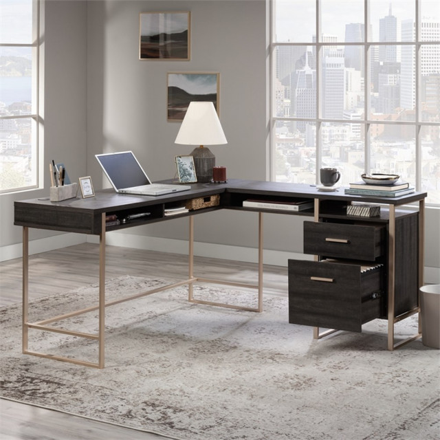 Pemberly Row Contemporary Engineered Wood L-Desk in Blade Walnut ...