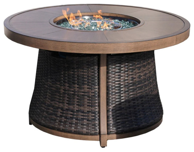 Patio Wicker Round Firepit Table - Tropical - Outdoor Dining Tables ...