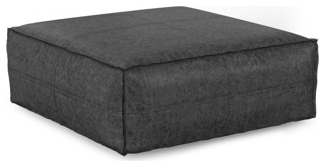 Brody Extra Large Coffee Table Pouf, Distressed Black Vegan Faux ...