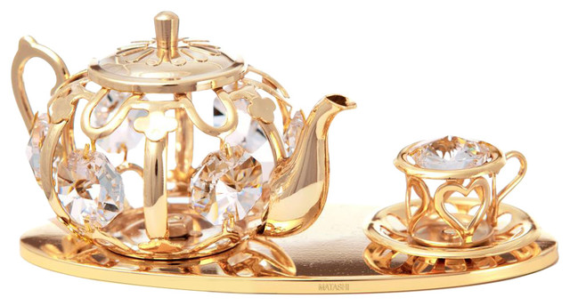 24K Gold Plated Crystal Studded Gold Tea Set Ornament - Contemporary ...