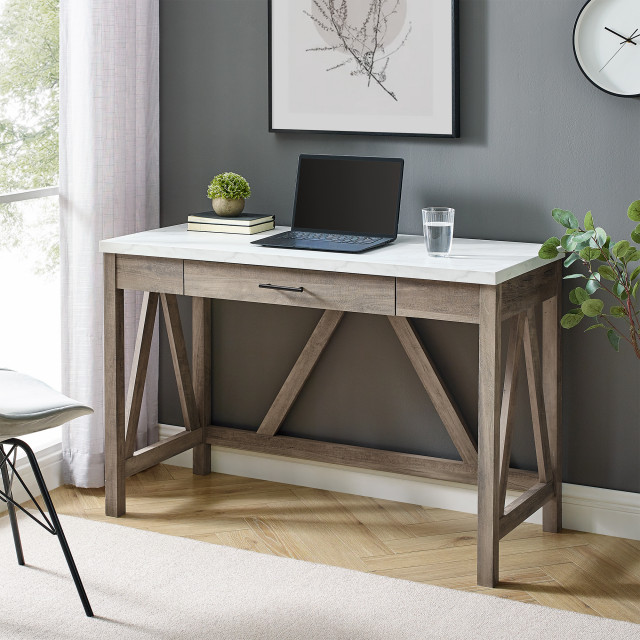 46" A Frame Modern Farmhouse Wood Computer Desk, White Faux Marble/Gray ...