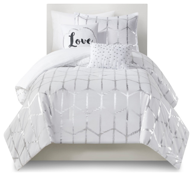 Intelligent Design Raina Metallic Printed Comforter Set, White/Silver ...