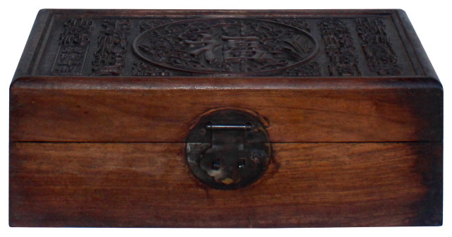Chinese Brown Relief "Fok" Characters Motif Rectangular Storage Box ...
