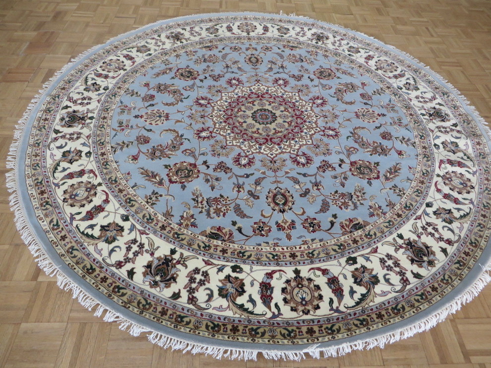 8x8 Round Handmade Blue Fine Tabriz Kashan, Silk Oriental Rug ...