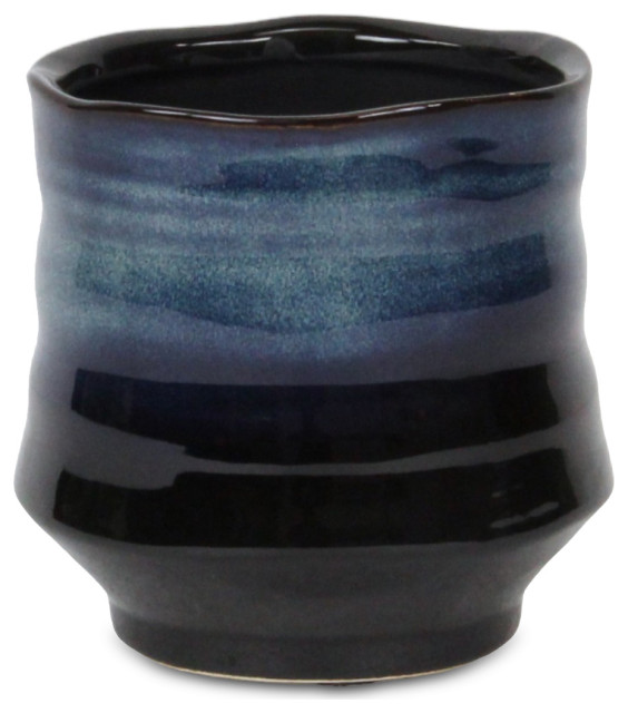 Blue Ceramic Pot with Curved Design - Contemporary - Outdoor Pots And ...