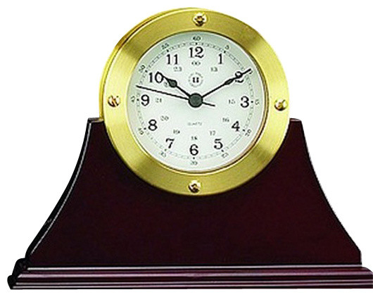 Bey Berk Gold Tone Round Quartz Clock on Mahogany Base - Transitional ...