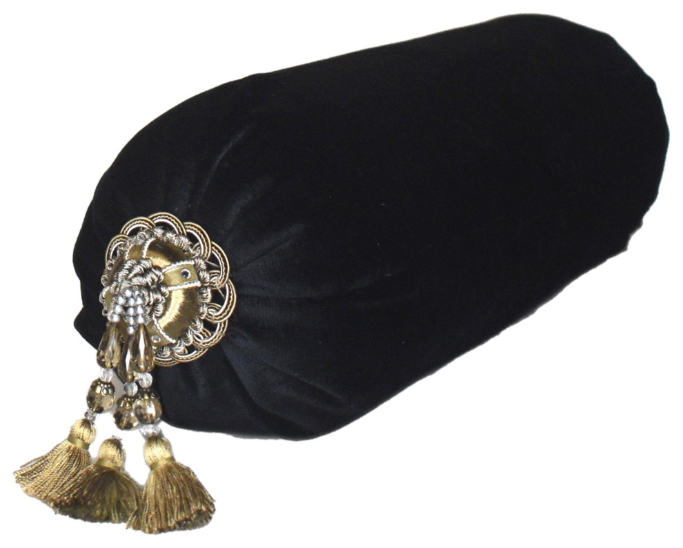 Velvet Bolster Round Roll Pillow With Tassel Trim, 6x18 - Traditional ...