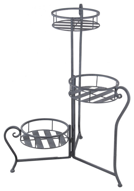 Adjustable 3 Tier Metal Plant Stand with Round Slatted Top, Gray ...