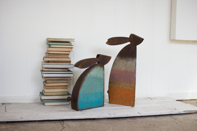 Kalalou Che1149 Set Of Two Rustic Metal Rabbits With Colored Detail ...
