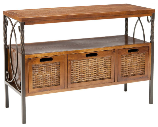 Rustic Console Table, Twist Metal Frame & Drawers With Wicker Front ...