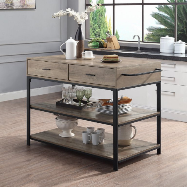Industrial Kitchen Island, Metal Frame With Rectangular Top & Drawers ...