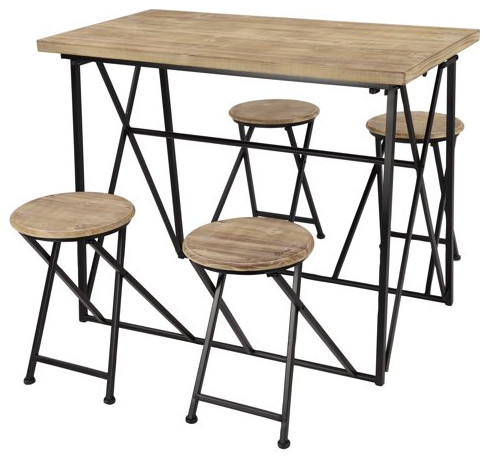 Modern Dining Table, Metal Frame With 4 Built In Stools & Wood Top ...