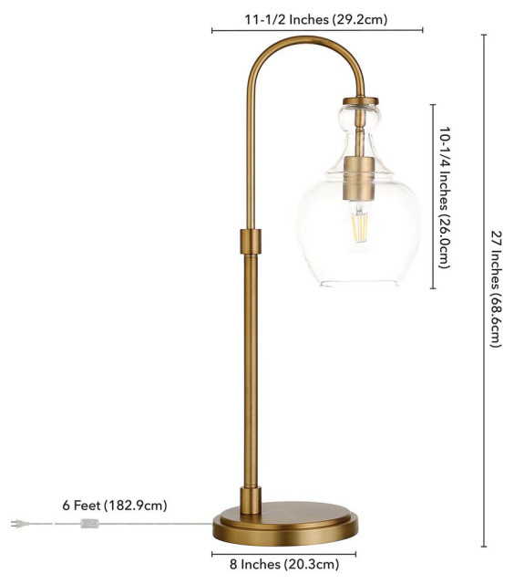 Verona 27 Tall Arc Table Lamp with Glass Shade in Brushed Brass/Clear ...