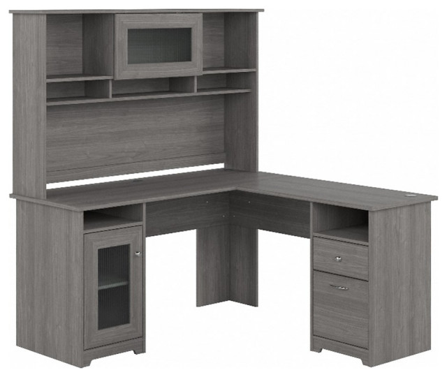 Pemberly Row 60W L Shaped Computer Desk with Hutch in Gray - Engineered ...