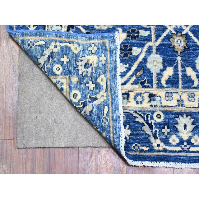 Sapphire Blue Natural Wool Fine Peshawar Hand Knotted Wide Runner Rug 3 ...
