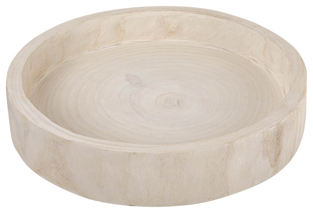 Round Hand-Carved Decorative Paulownia Wood Tray, Whitewashed Finish ...