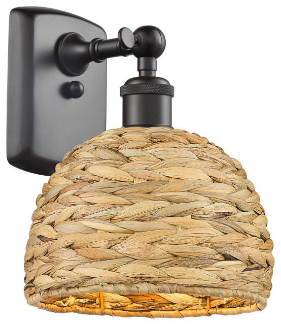 Woven Ratan 1 Light 8" Wall-mounted Sconce, Oiled Brass, Natural Rattan ...