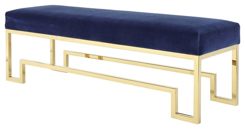 American Home Classic Laurence Steel and Velvet Bench in Gold and Navy ...