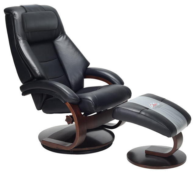 Relax-R™ Montreal Recliner and Ottoman, Pillow, Black Top Grain Leather ...