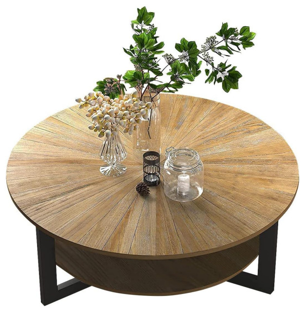 Farmhouse Coffee Table, Black Legs With Round Top & Low Shelf ...