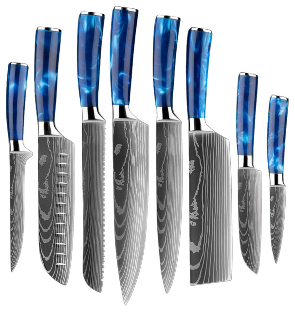 8-Piece Professional Kitchen Knife Set with Blue Resin Handles - Knife ...