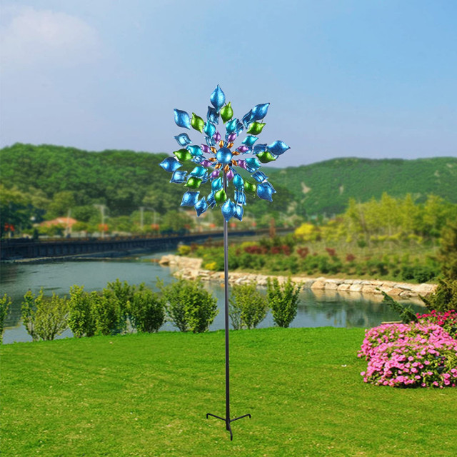 Outdoor Blue Floral Spinner Windmill - Contemporary - Garden Statues ...
