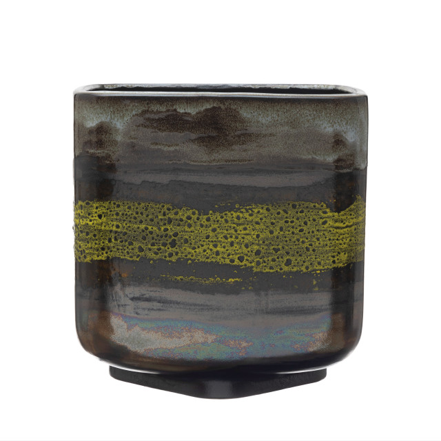 Stoneware Planter, Charcoal and Chartreuse Reactive Glaze - Contemporary - Indoor Pots And ...