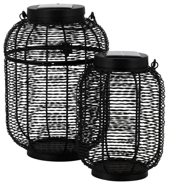 Metal, Set of 2 9/15"H, Round Solar Lantern, Black, 12x12x15 inches ...