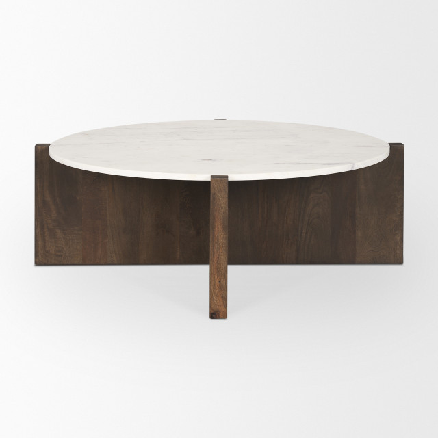 Bianca Dark Brown Wood w/ Marble Round Top Coffee Table - Transitional ...