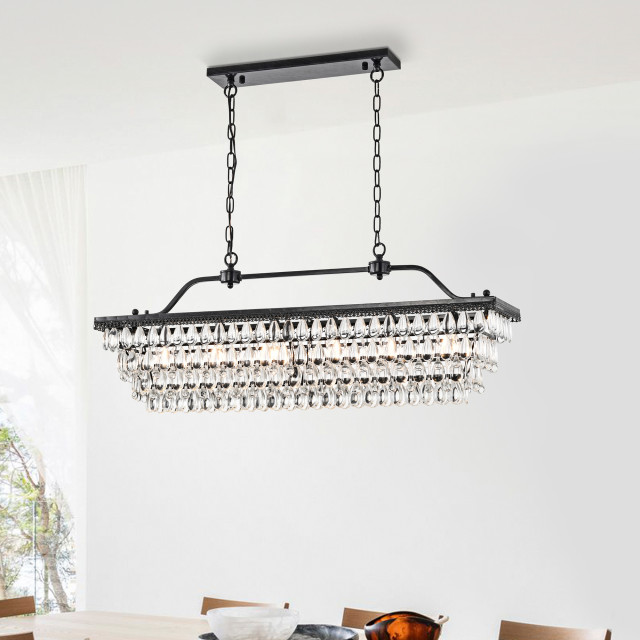 6-Light 40 in. Antique Black Rectangular Crystal Chandelier Dining Room Fixture - Traditional ...