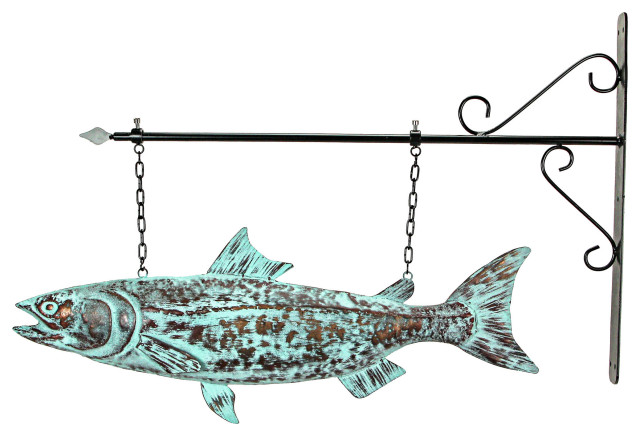 Metal Verdigris Copper Salmon Wall Bracket Hanging Sculpture Outdoor ...