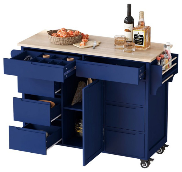 Large Kitchen Cart, Multiple Drawers & Cabinets With Natural Wood Top ...