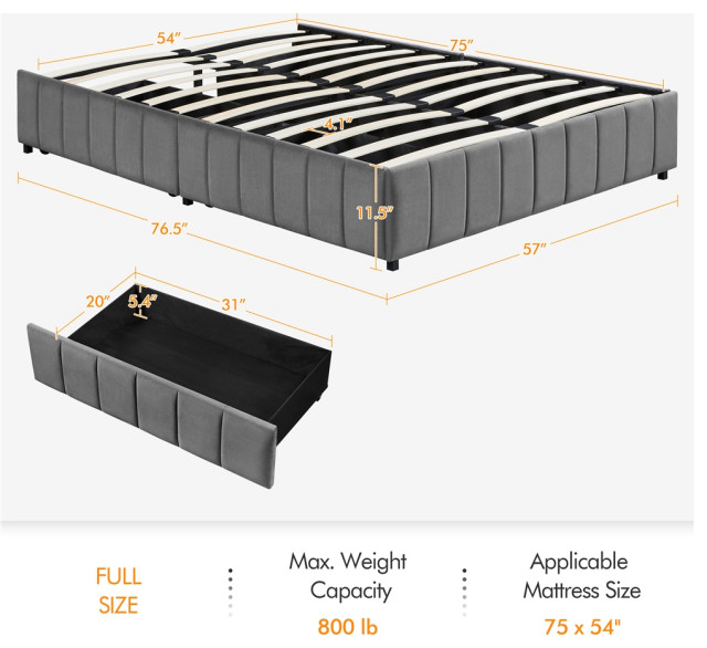 Modern Platform Bed, Channel Tufted Upholstery & Side Storage Drawers ...