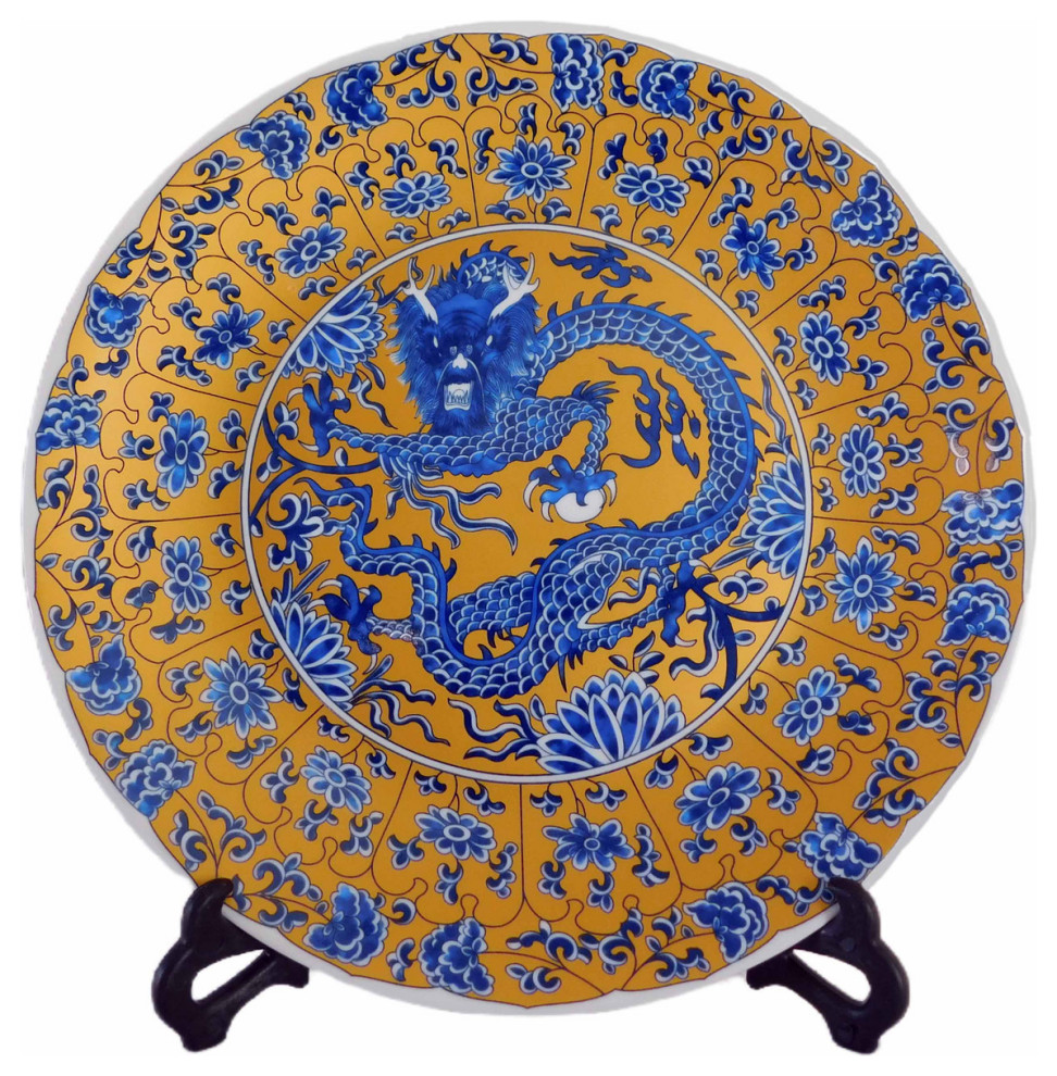 Golden Dragon Porcelain Plate With Stand And Royal Blue Artwork 14 ...