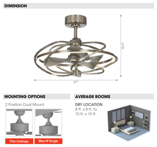 27-inch Satin Nickel Fandelier LED Ceiling Fan with Remote ...