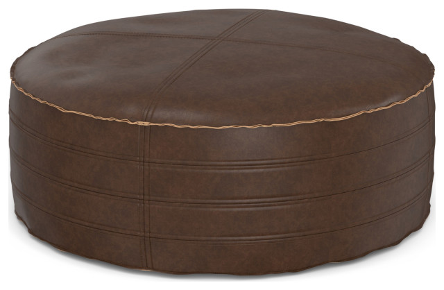 32" Round Coffee Table Pouf, Distressed Dark Brown Vegan Faux Leather ...