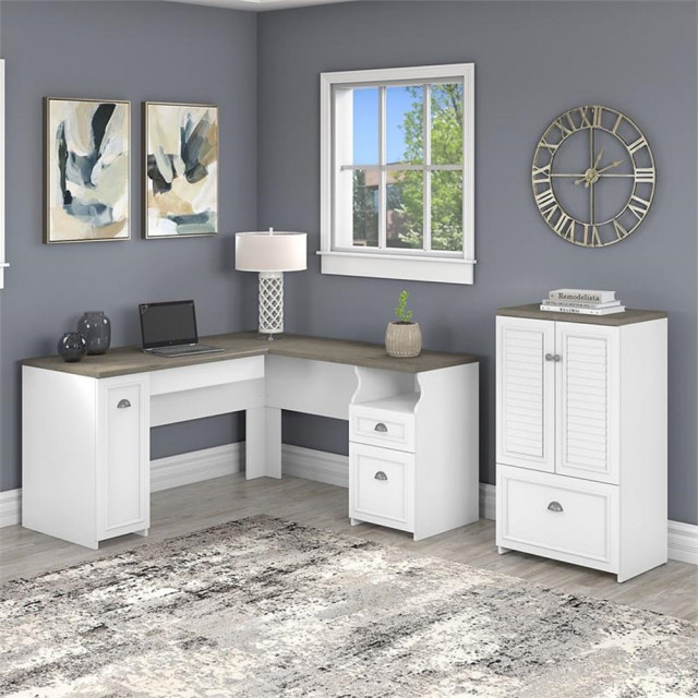 Pemberly Row L Desk and Storage File Cabinet in White and Gray ...