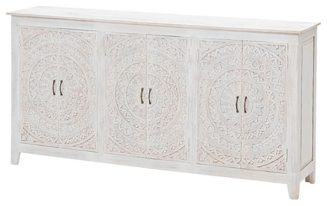 94" Jumbo Extra Large White Wash Bohemian Hand Carved Mandala Sideboard ...