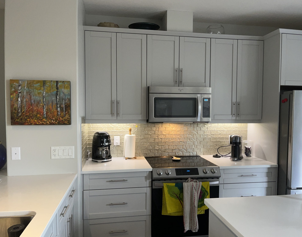 Light Grey Cabinets White Quartz Countertop Backsplash White Subway T