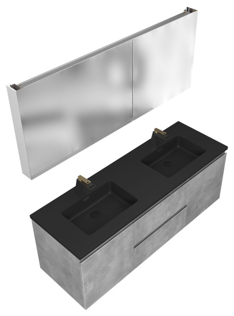 ConceptBaths Edith Wall Mount Bathroom Vanity With Black Top, 60 ...