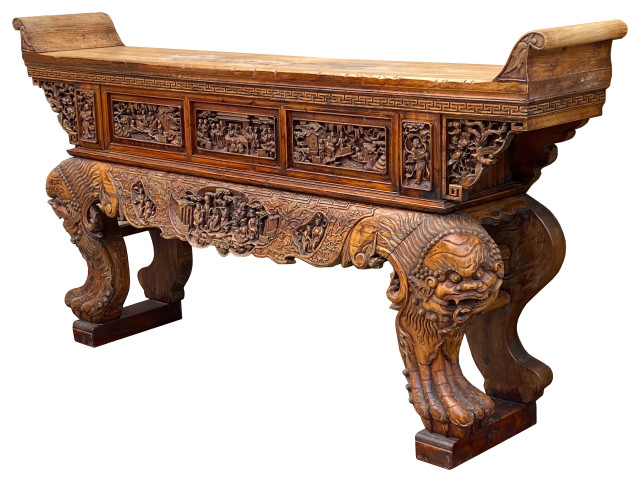 Chinese Vintage Opera Scenery Lion Heads Carving Long Altar Console ...