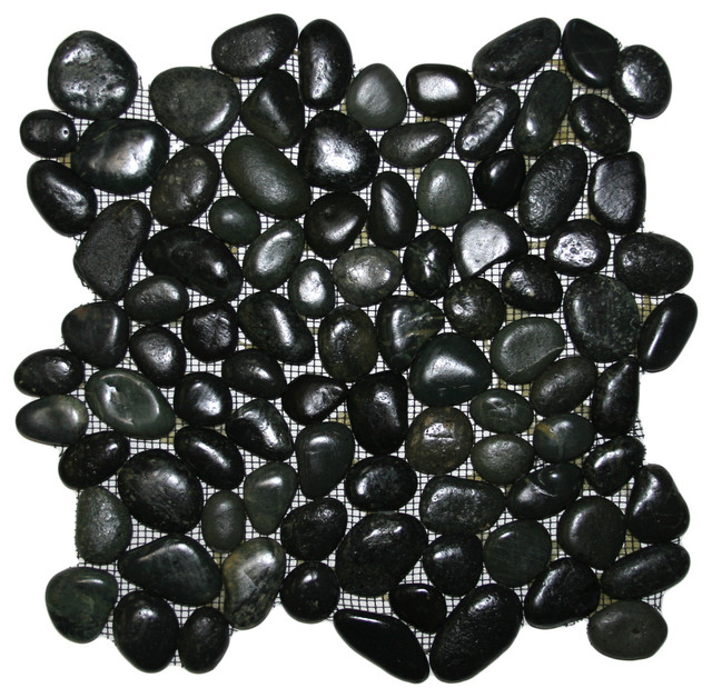 12x12 Glazed Charcoal Black Pebble Tile, Mesh Backing for Shower ...