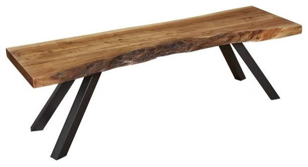 Rustic Modern Solid Acacia Wood Dining Bench, Angled Legs and Natural ...