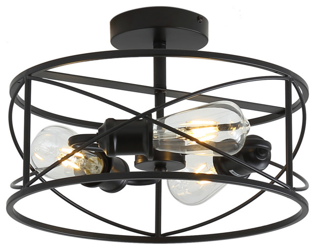 Black 3-Light Cage Shape Ceiling Light Metal Frame Semi Flush Mount ...