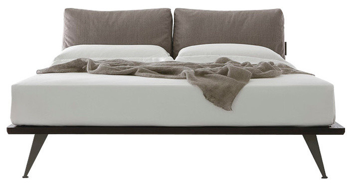 Piuma Bed, Oak Treated Base, Gray Upholstered, Metal Legs, Queen ...