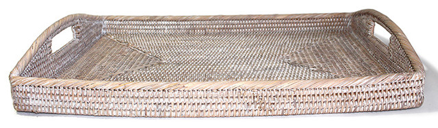 White Rattan Tray Morning Rectangular Large 20.5" - Beach Style ...