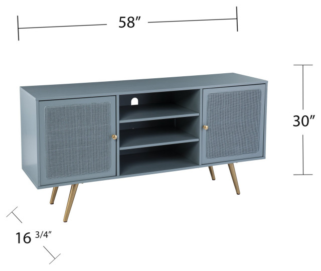 Blue TV Stand with Angled Gold Legs and Rattan Front Doors for TVs up ...